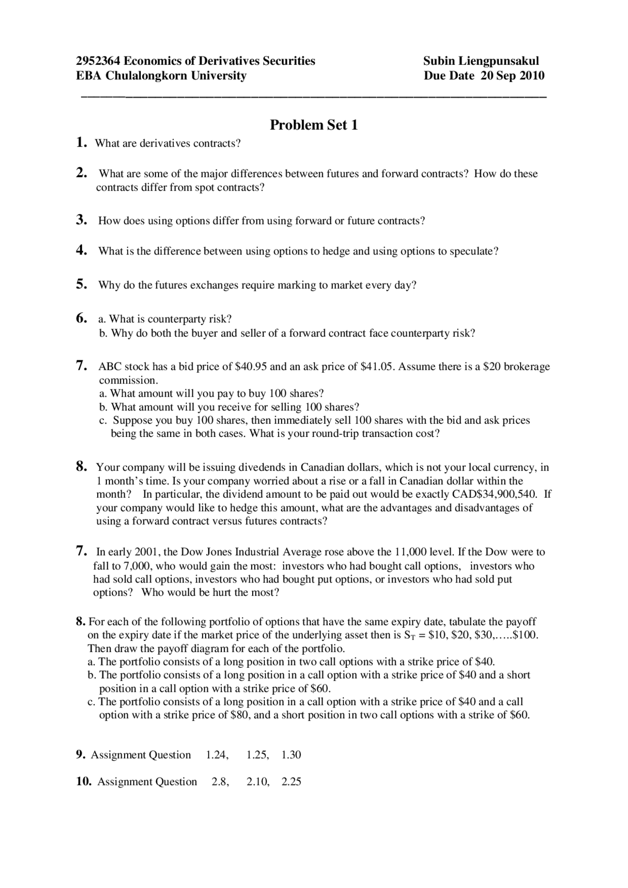 Problem Set 1 Derivative Securities Docsity