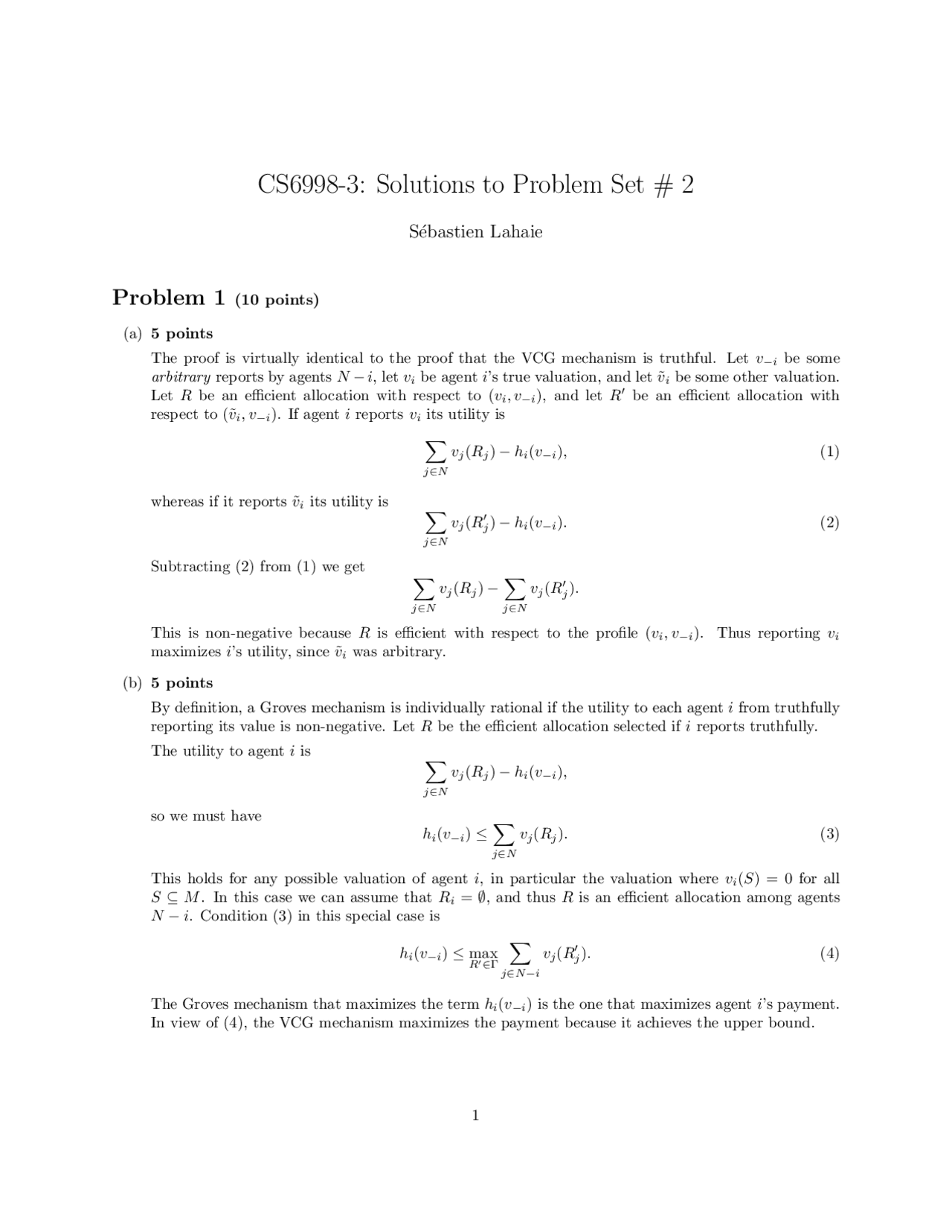 Algorithmic Game Theory 2 Exercises Solution Computer Science