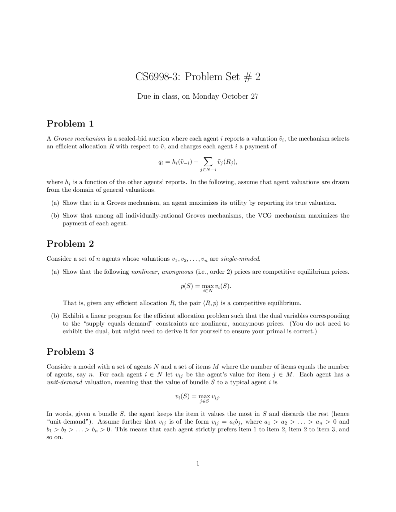 Algorithmic Game Theory 2 Exercises Computer Science Docsity