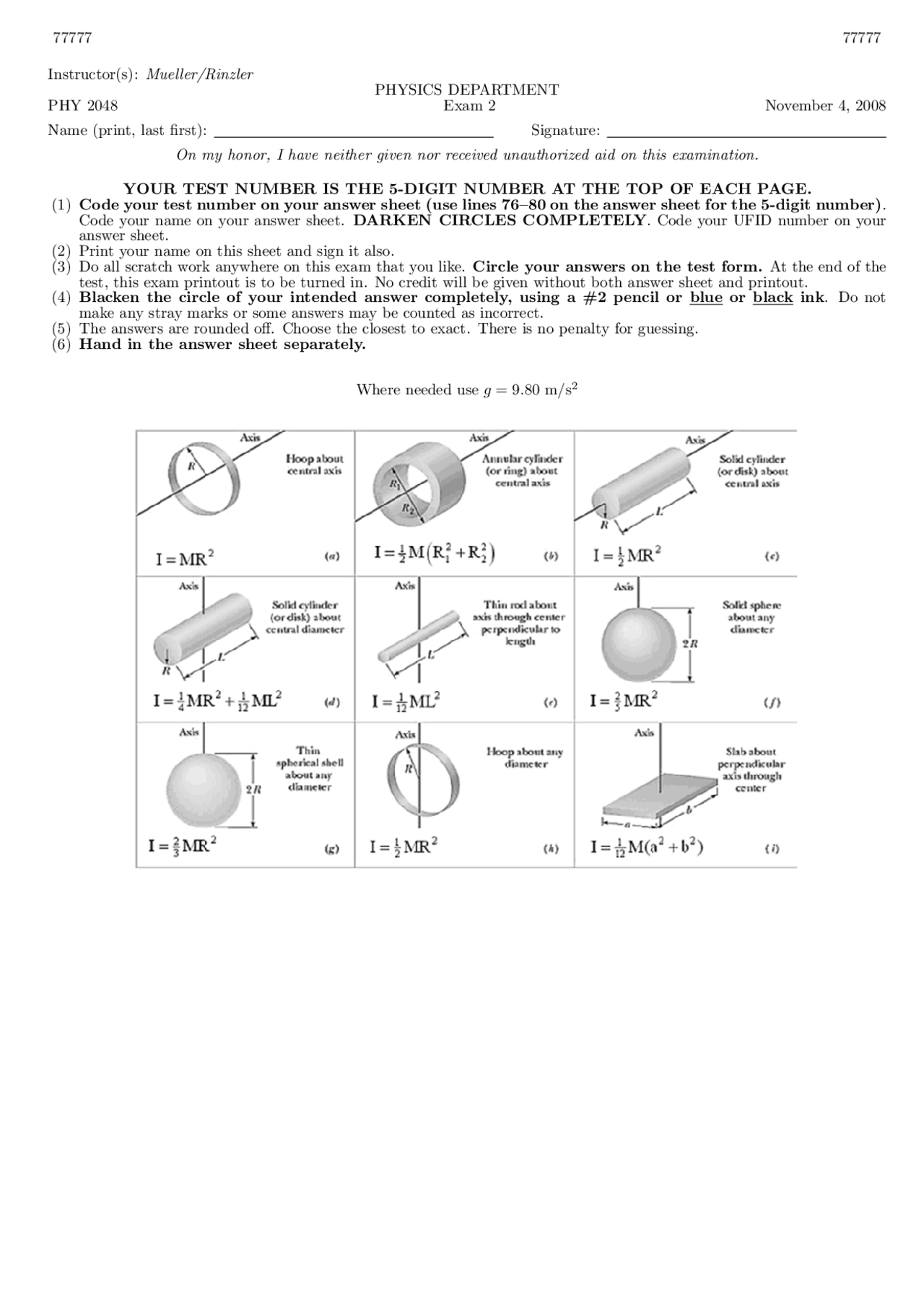 20 Multiple Choice Exam 2 - Physics with Calculus I | PHY 2048 - Docsity