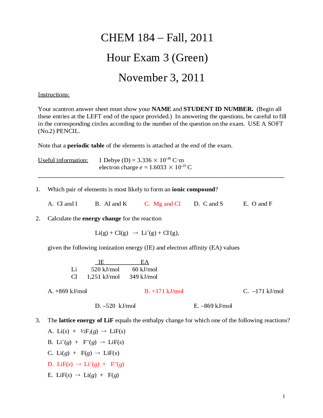 Foundations Of Chemistry I Exam Iii Mcqs Solved Chem 184 Docsity