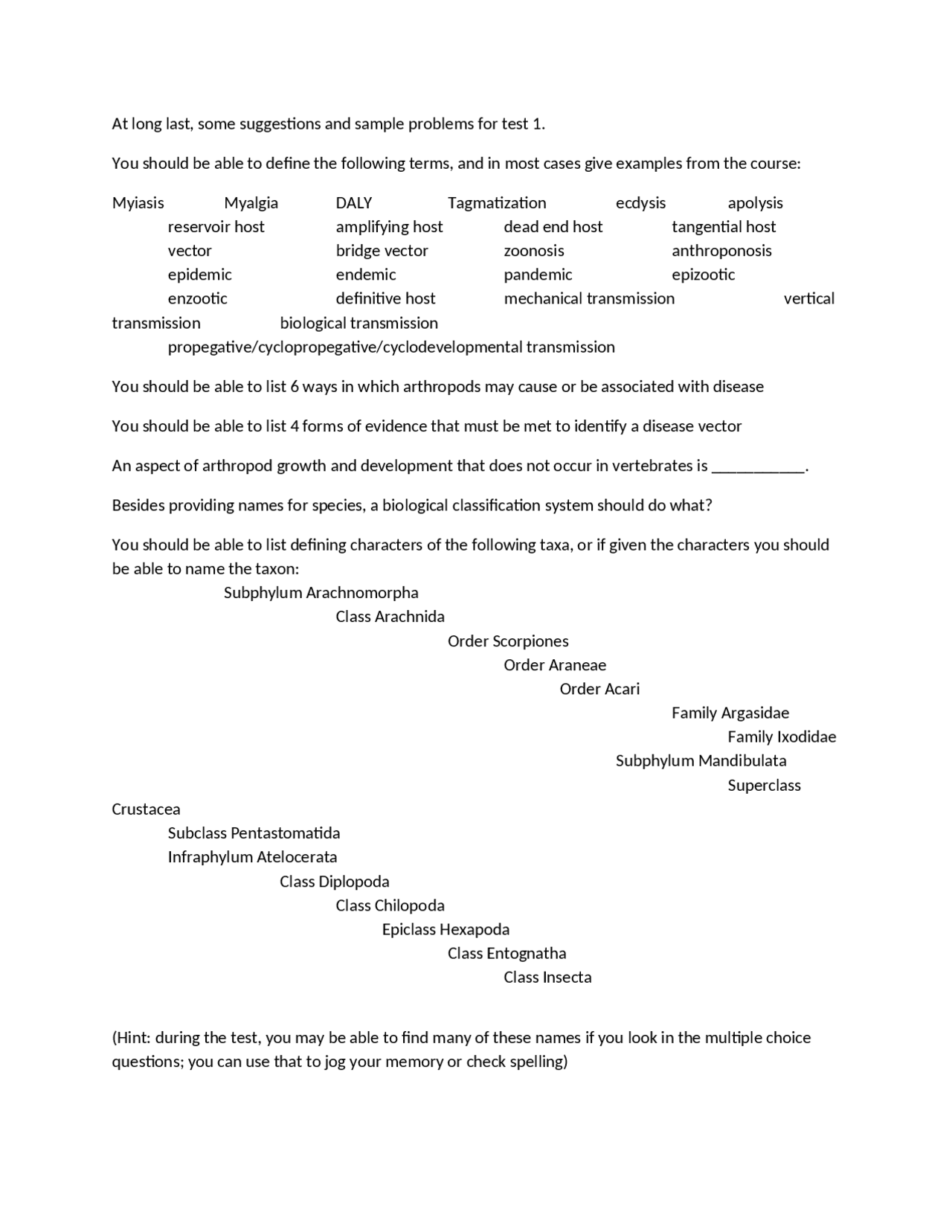 Questions For Test 1 Medical Entomology Lecture Ento 3645 Docsity
