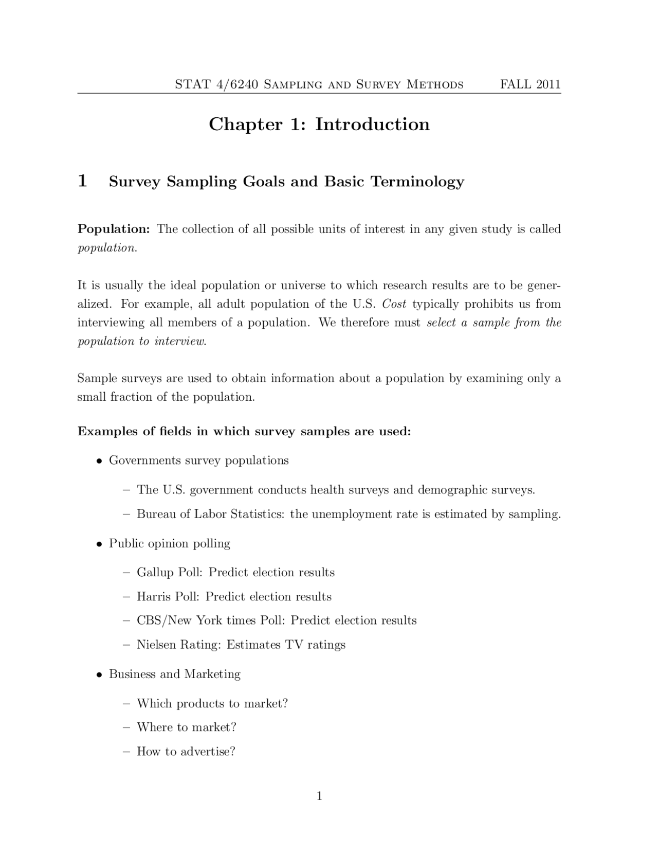 Survey Sampling Goals and Basic Terminology - Handout | STAT 4240 - Docsity
