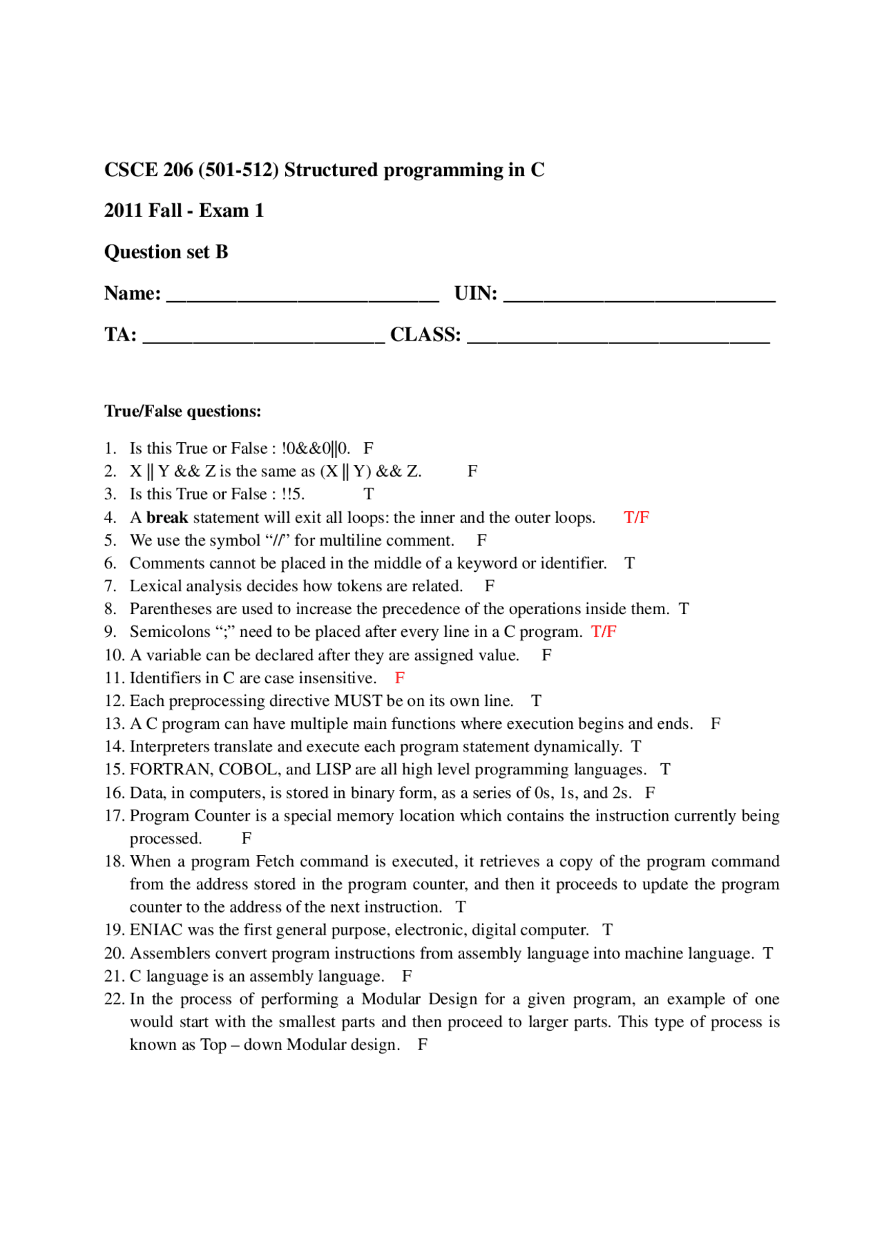Solved Exam 1 Structure Program In C Csce 206 Docsity 0528