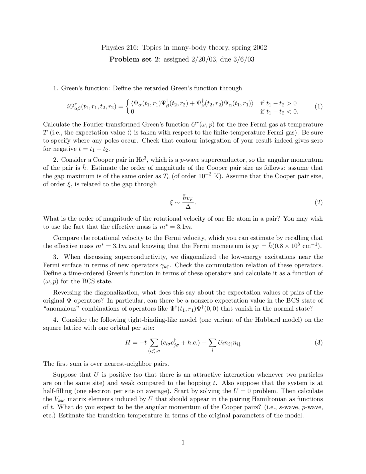 Many Body Physics 2, Exercises - Physics - Docsity