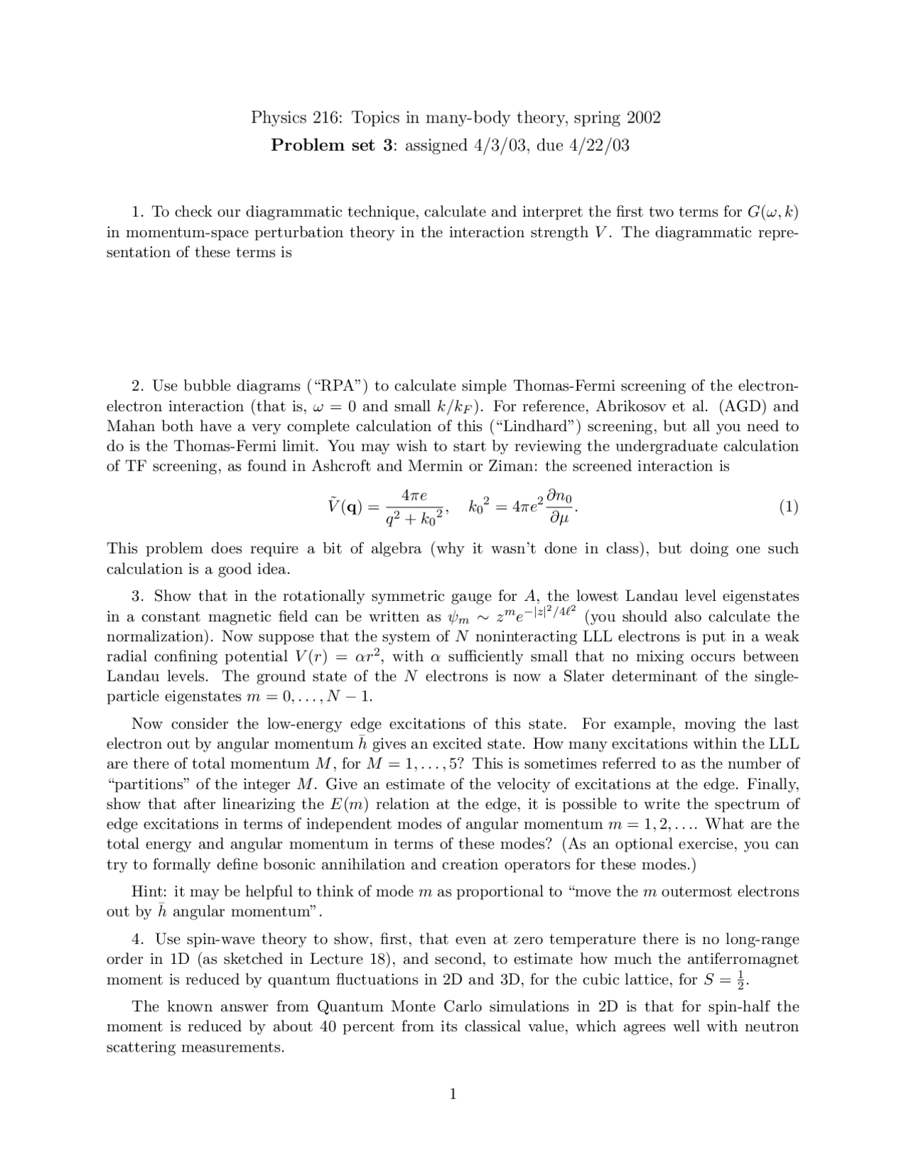 Many Body Physics 3 Exercises Physics Docsity