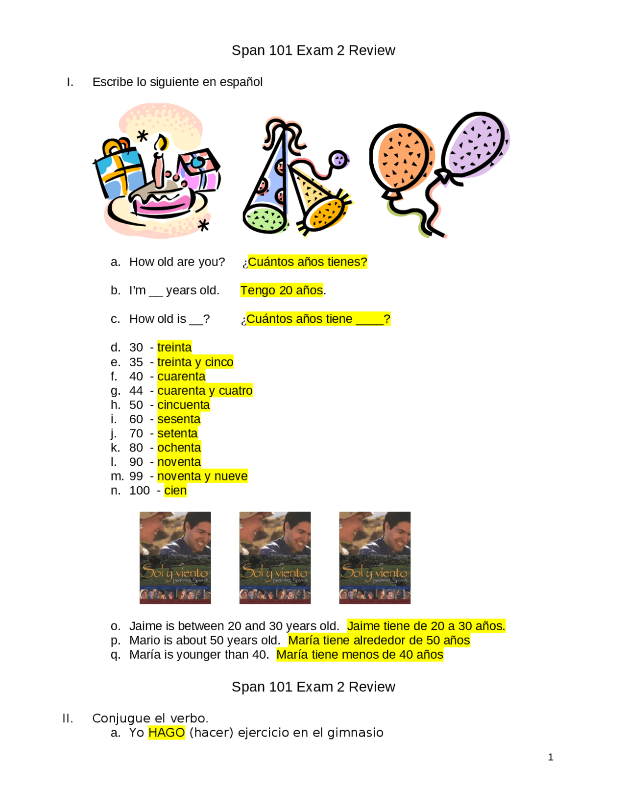 Exam 2 Review of Spanish Level I | SPAN 10100 | Exams Spanish Language ...