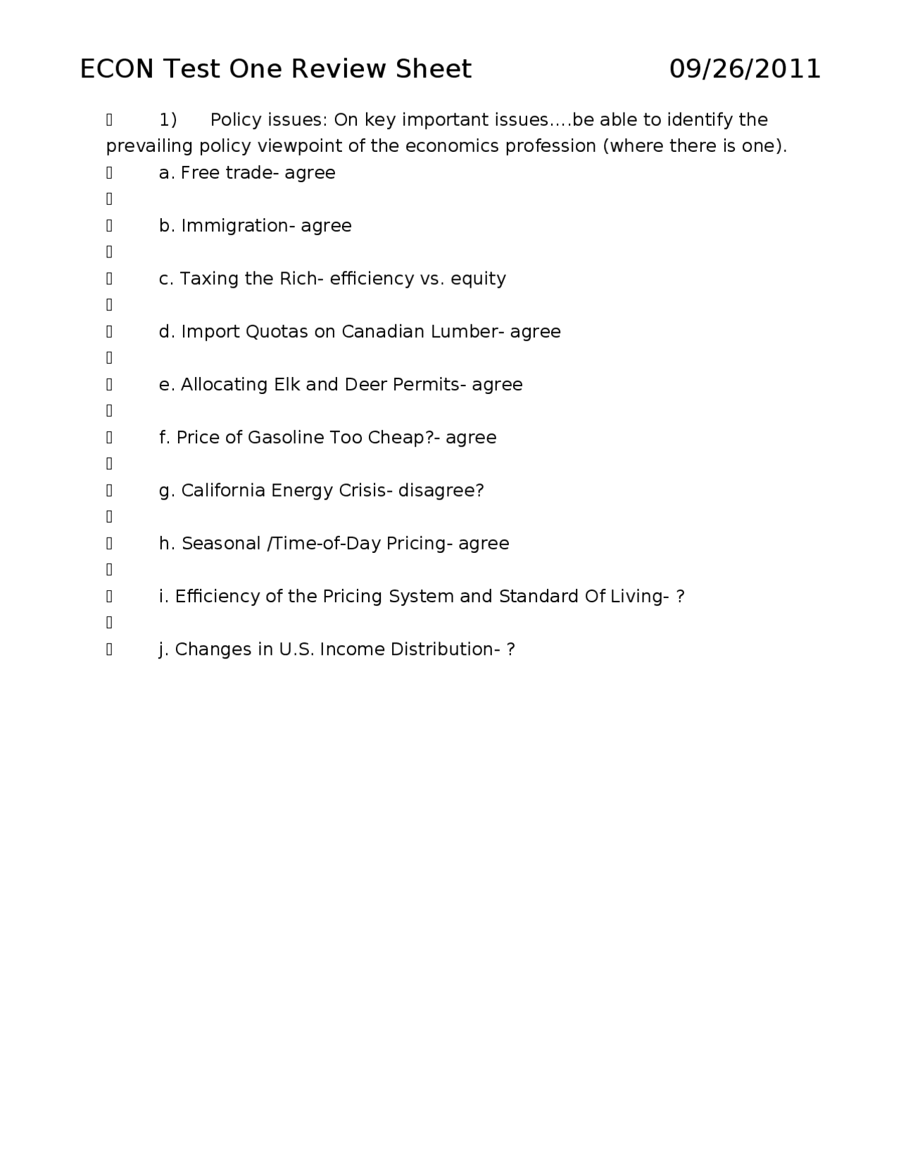 Principles of Economics - Test 1 Review Sheet | ECON 201 - Docsity