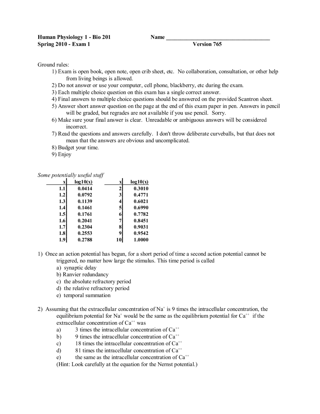 Mcqs For Human Physiology I Exam I Bio 201 Docsity