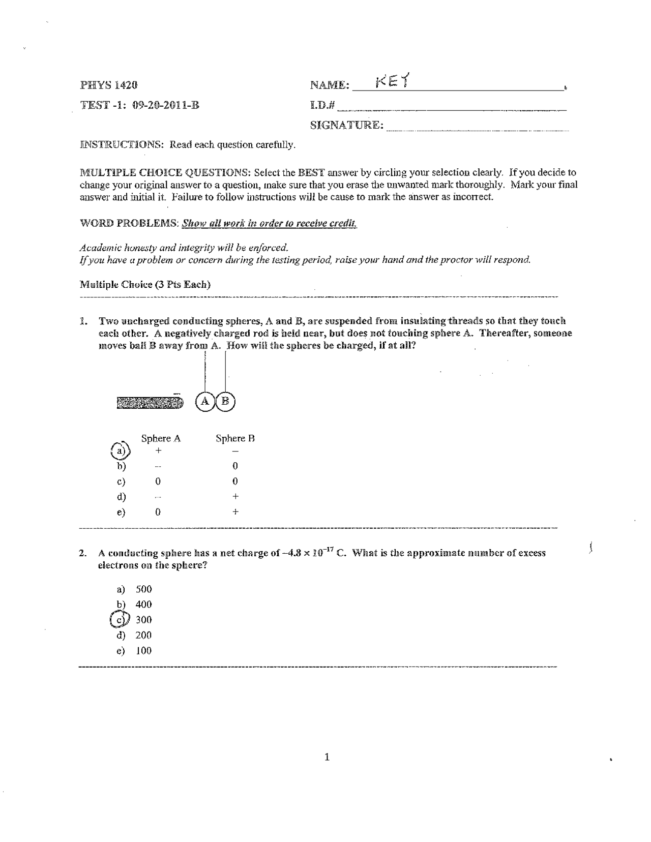 Test I With Answer Key General Physics Ii Phys 1420 Docsity