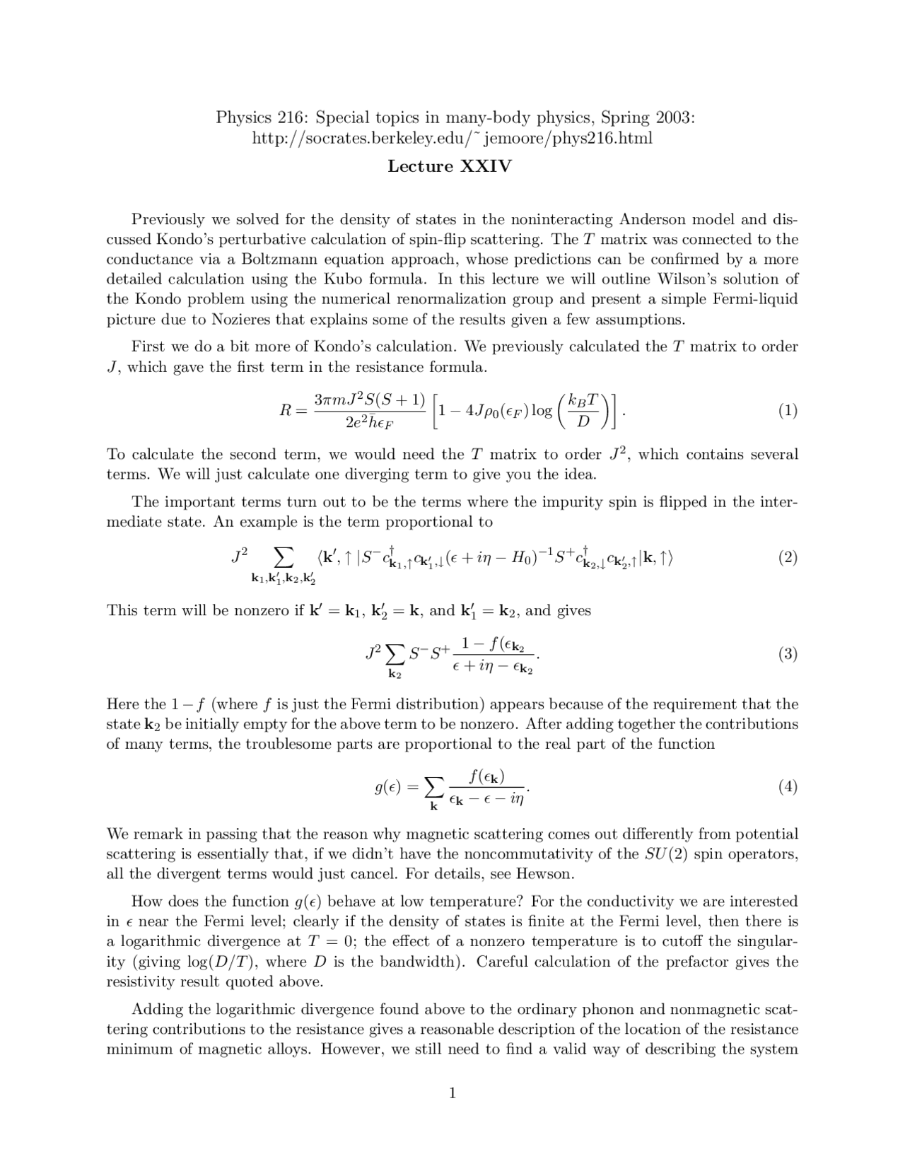 Many Body Physics 24, Lecture Notes - Physics - Docsity