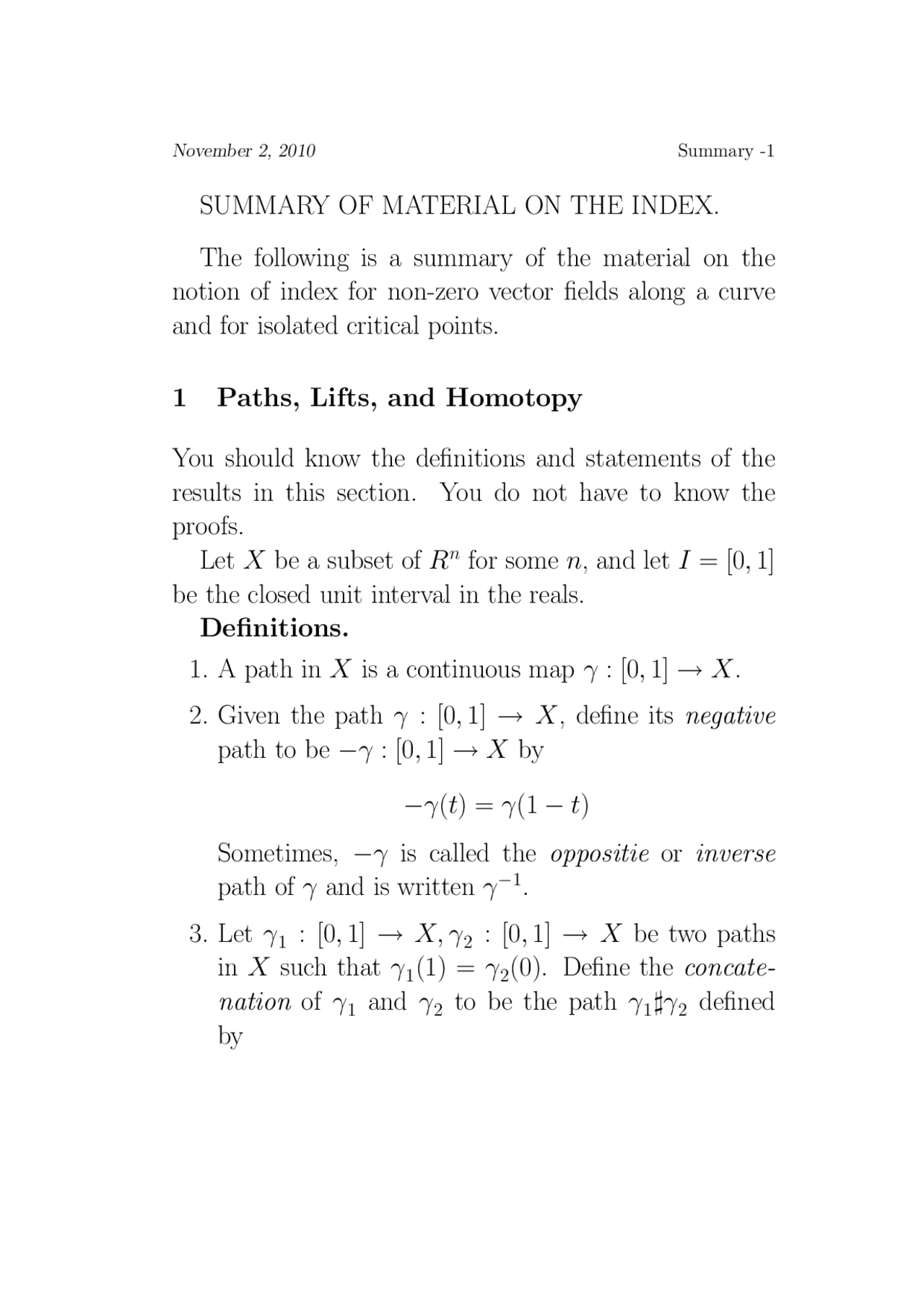 A Summary Of The Indes Theory For Planar Vector Field Lecture Notes