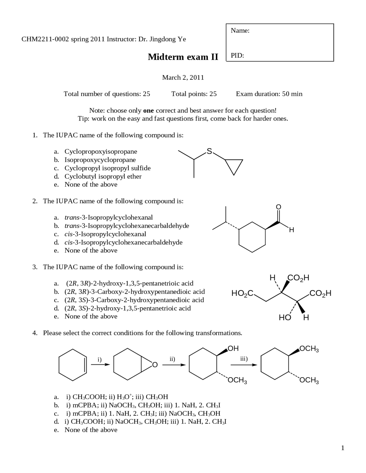 Organic Chemistry Ii Midterm Exam 2 Questions With Solutions Chm