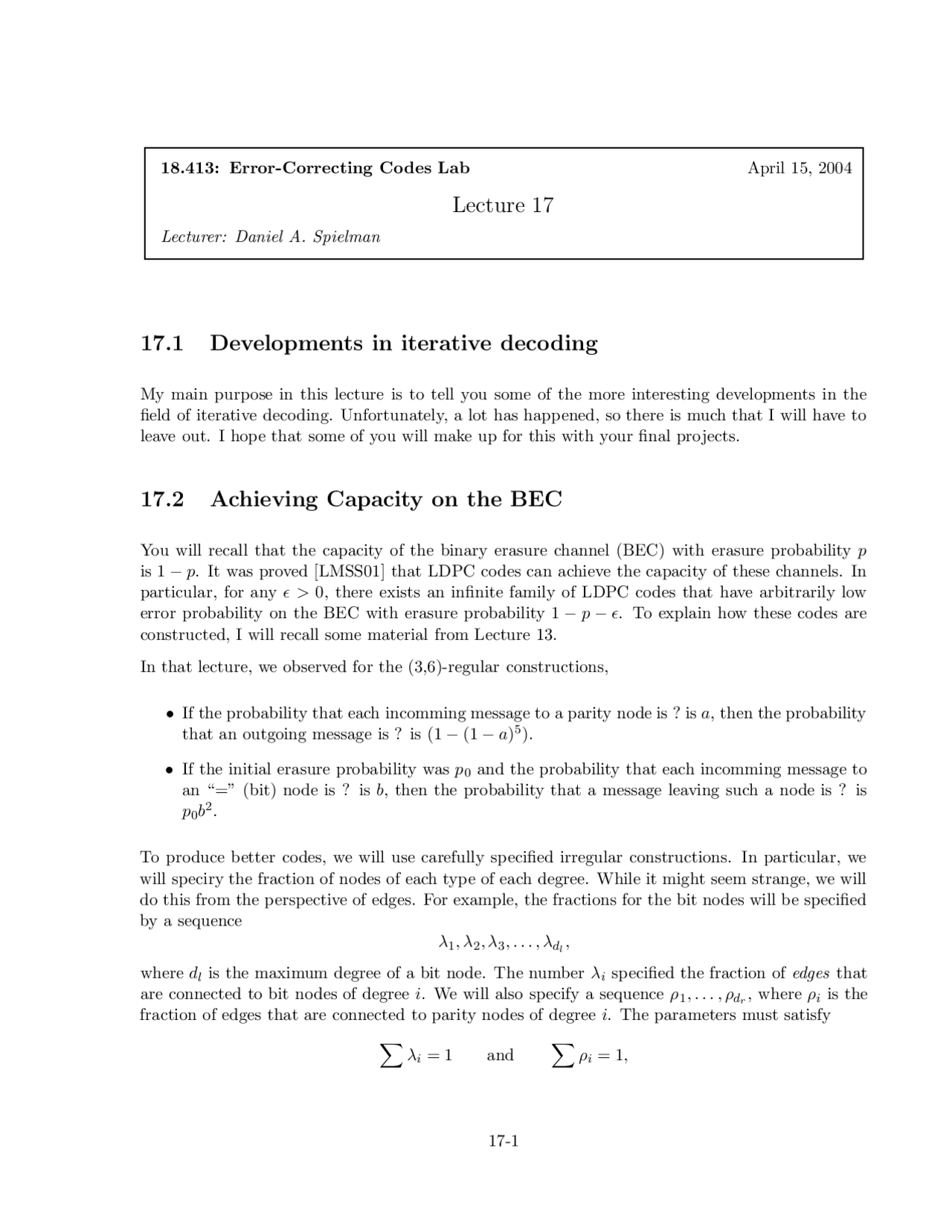 Error Correcting Codes Lab 17 Lecture Slide Engineering Docsity