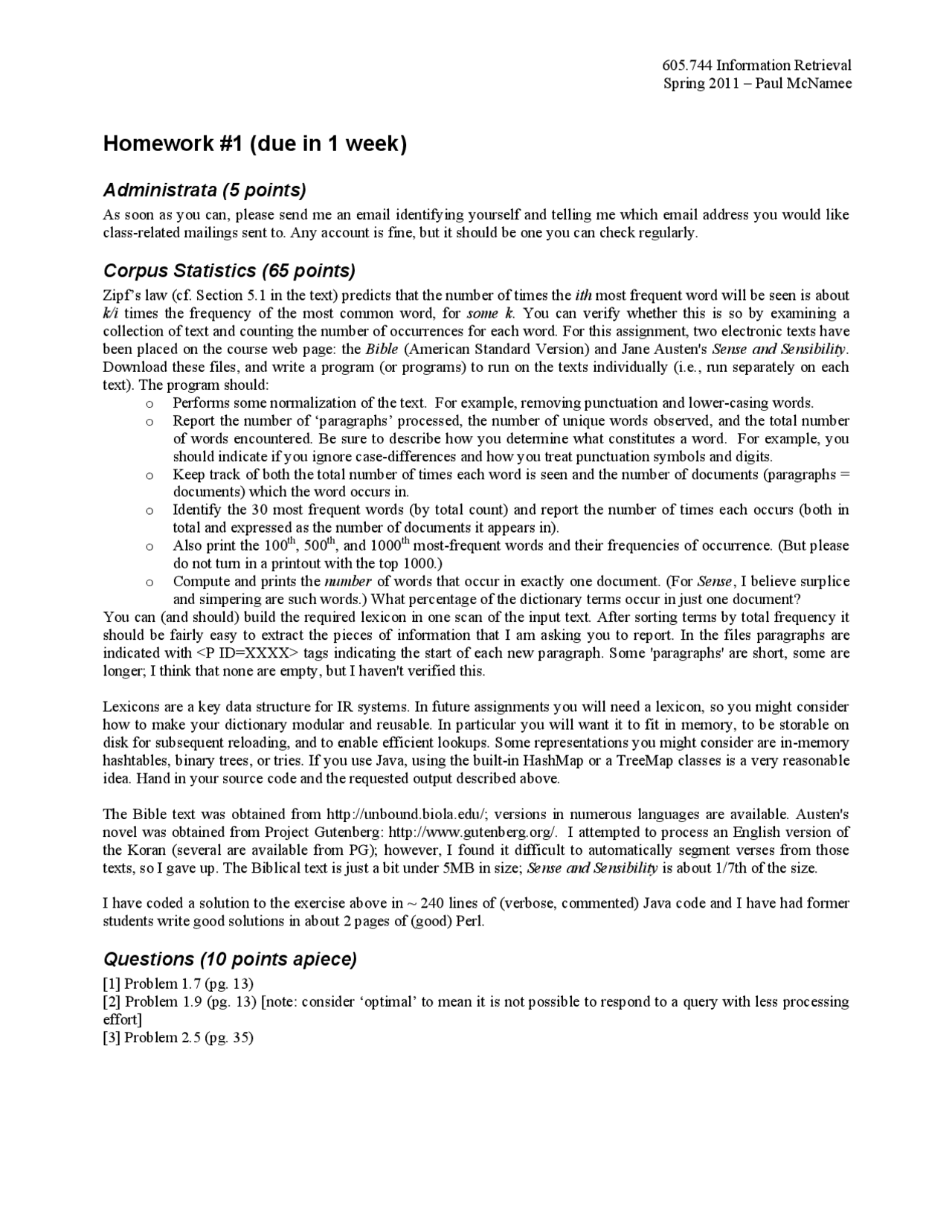 Information Retrieval 1, Exercises - Computer Science - Docsity