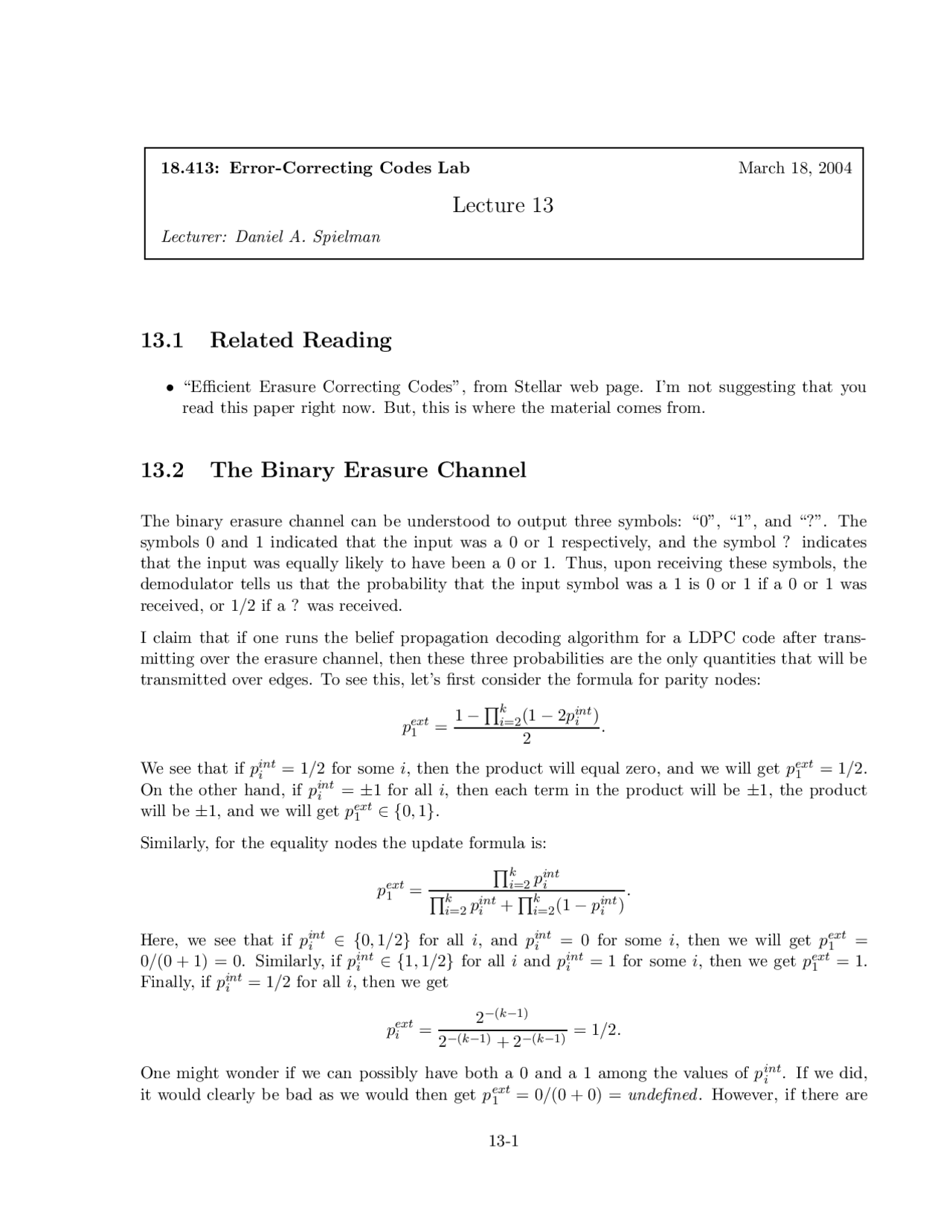 Error Correcting Codes Lab 13 Lecture Slide Engineering Docsity