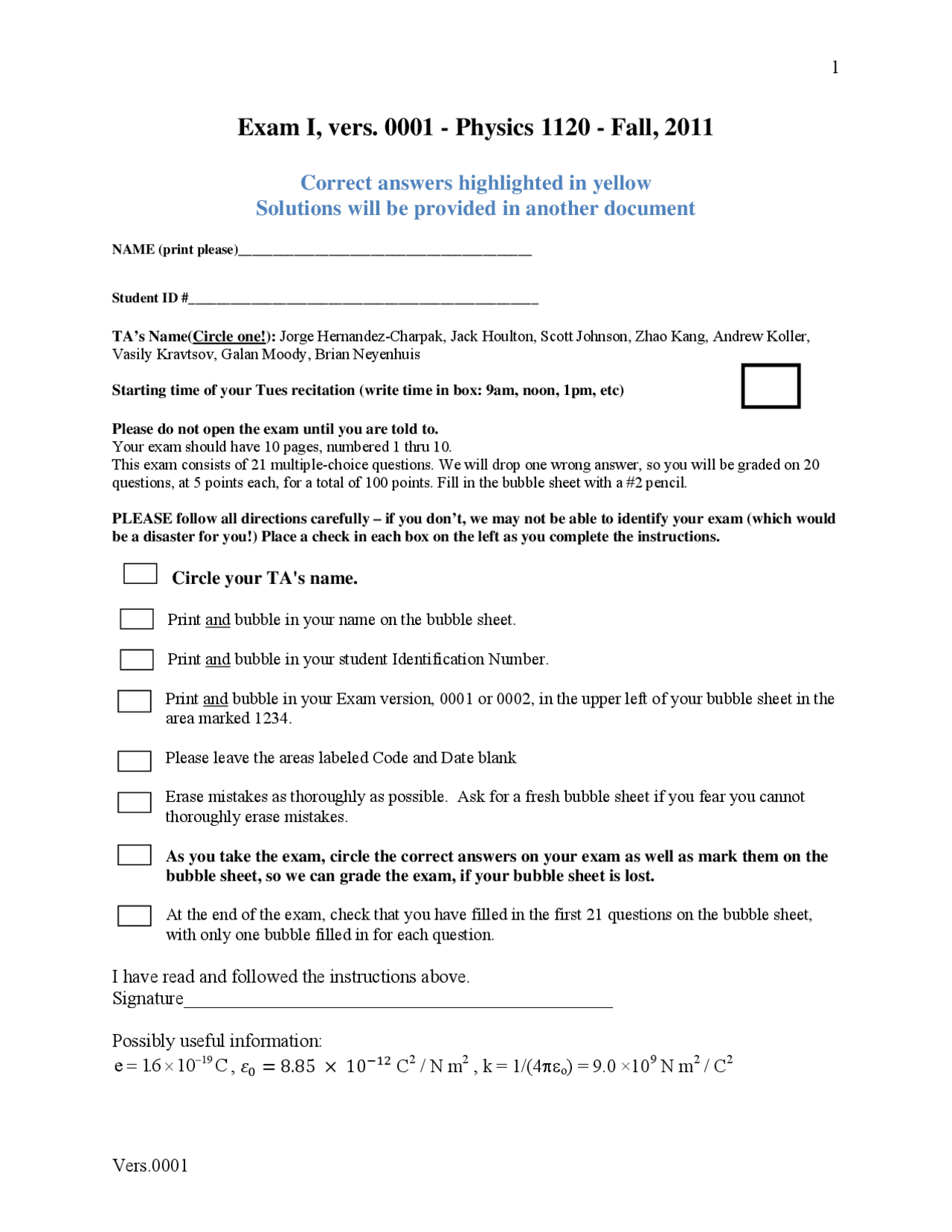 General Physics Ii Exam 1 With Solutions Fall 2011 Phys 1120