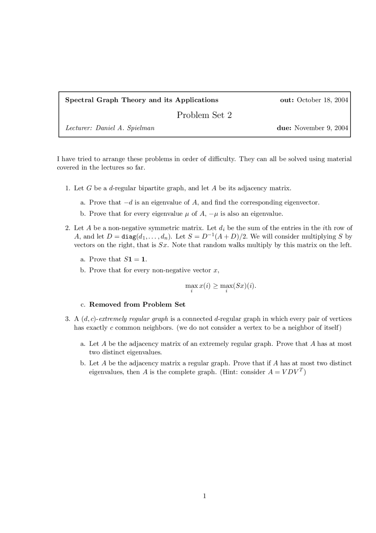 Spectral Graph Theory 2 Exercises Mathematics Exercises Discrete