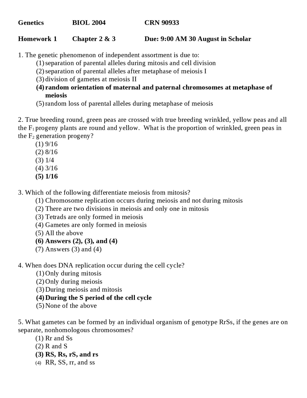 5 Multiple Choice Questions On Genetics With Answers Biol 2004 Docsity