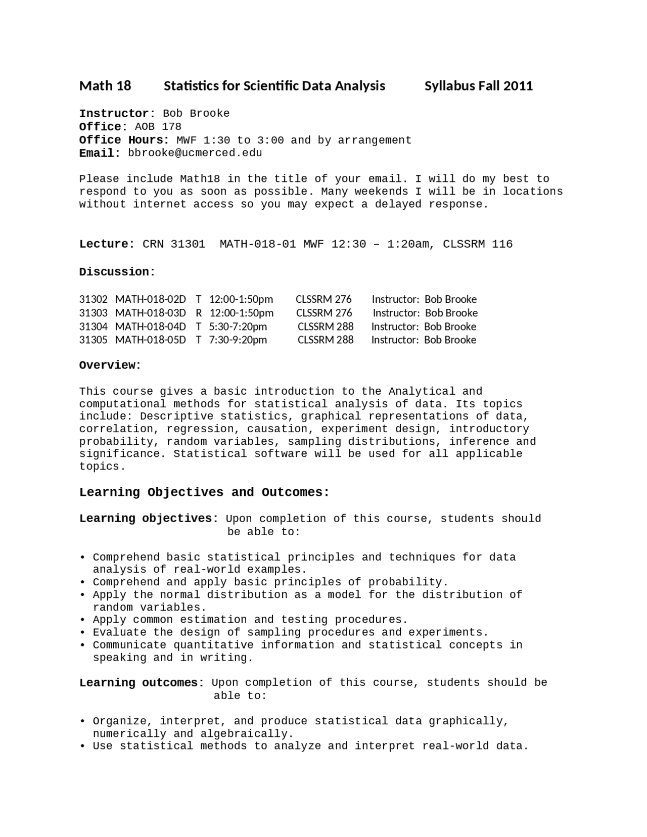 Statistics For Scientific Data Analysis Syllabus Math 018 Docsity