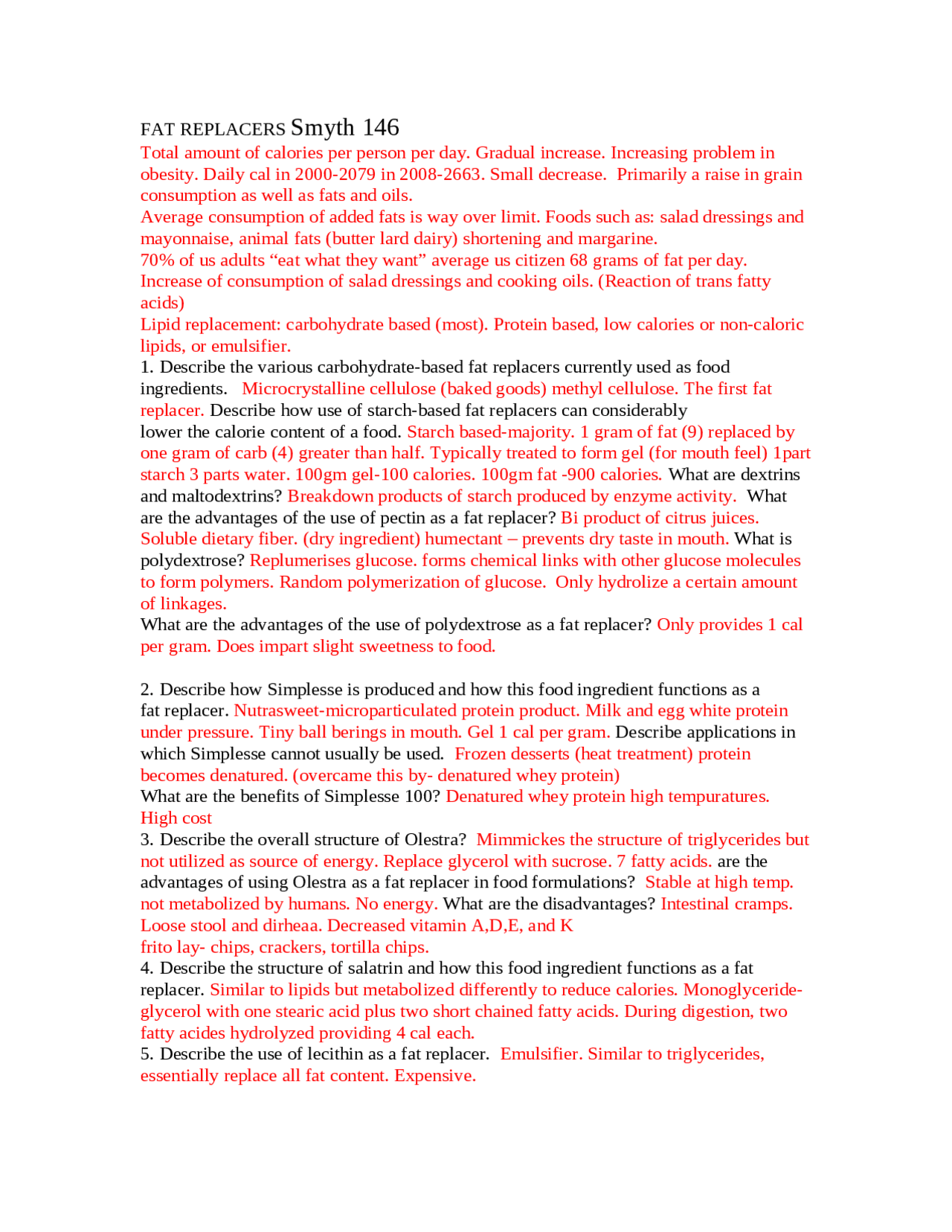 Introduction To Food Science Fat Replacers Smyth Fst 2014 Docsity