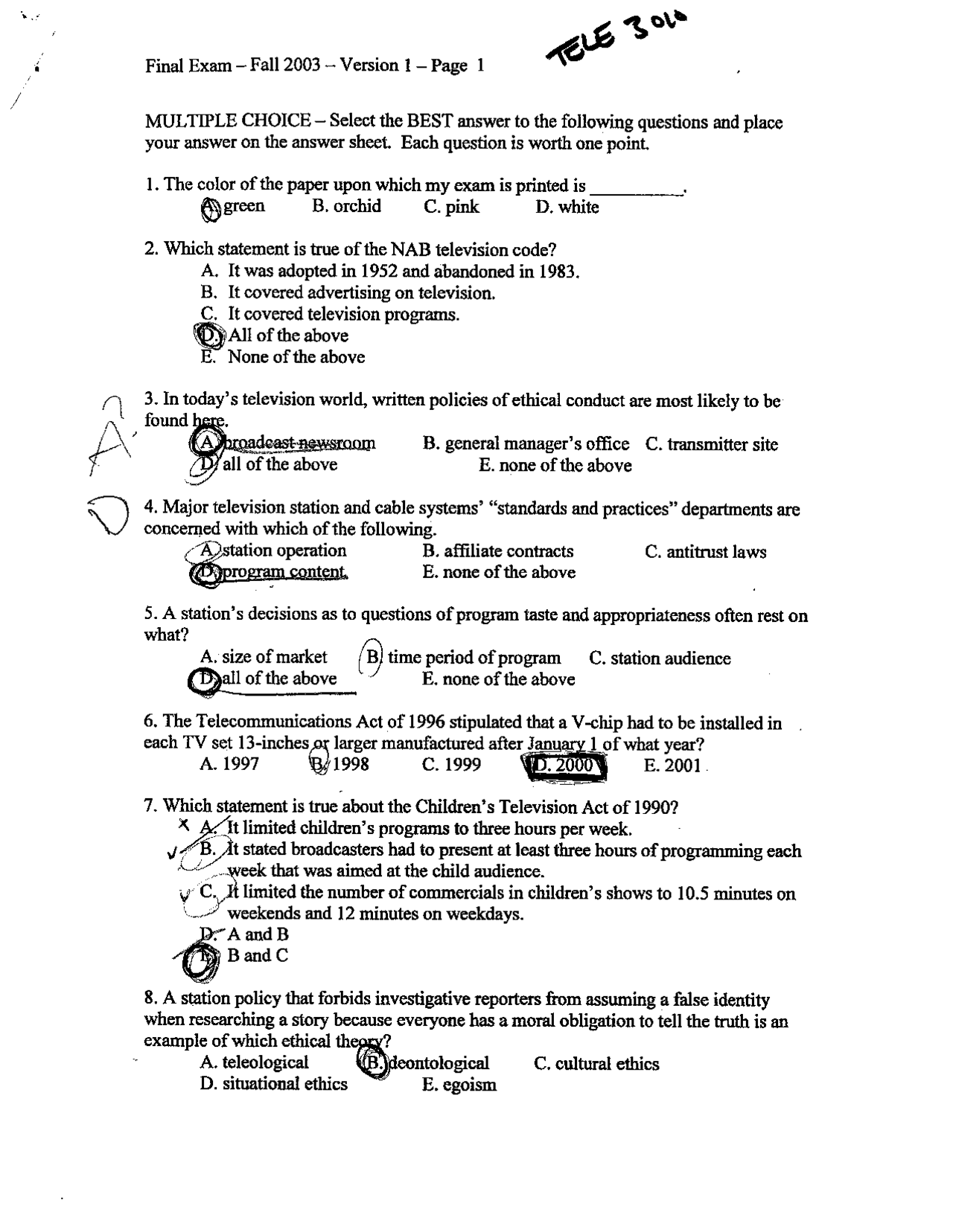 Final Exam Solution - Introduction to Telecommunications | TELE 3010 | Exams Communication | Docsity