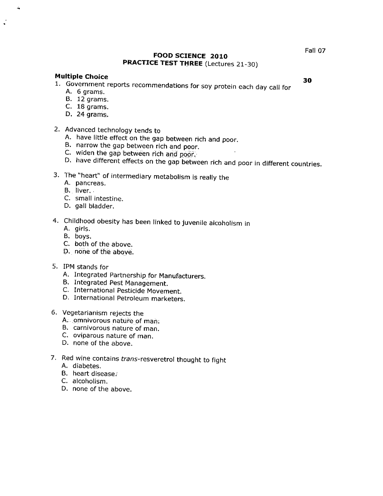 Food Issues And Choices Practice Test 3 Fdst 2010 Docsity