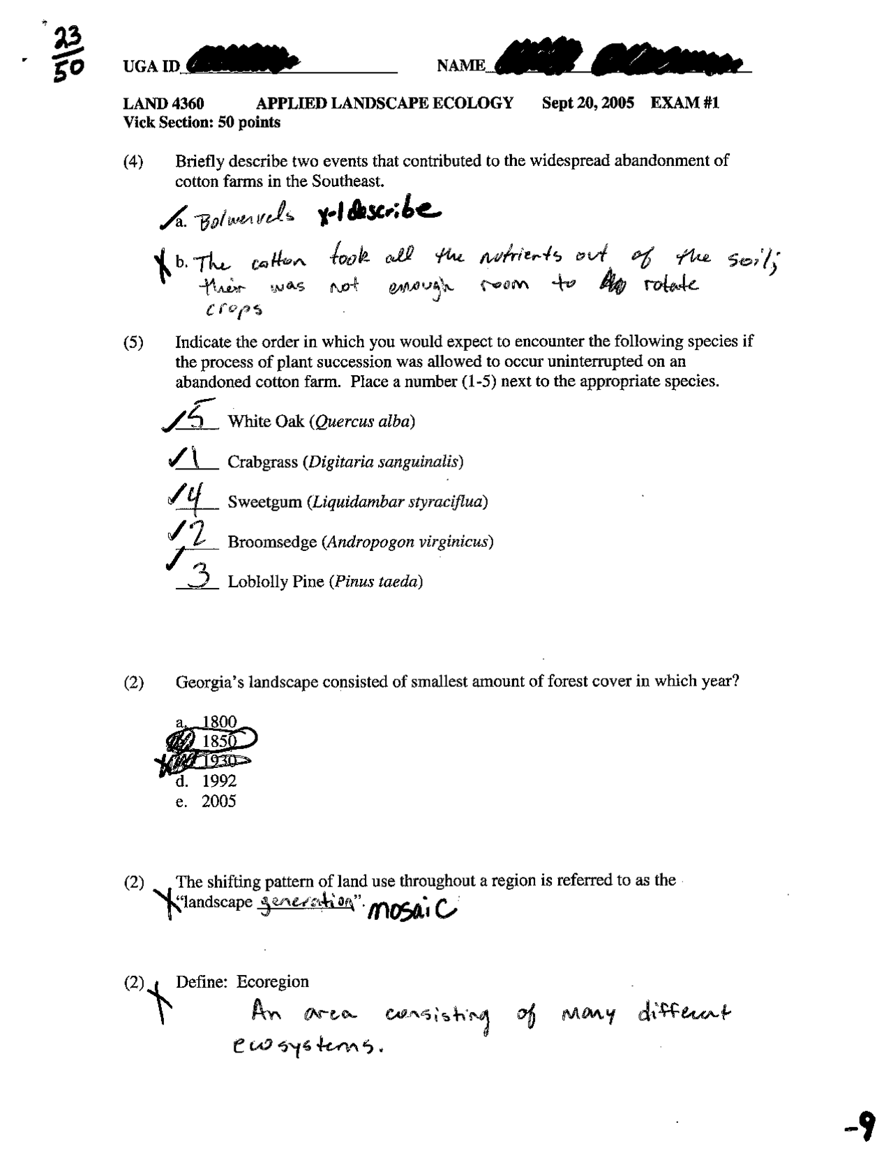 Solutions to Exam 1 - Applied Landscape Ecology | LAND 4360 - Docsity