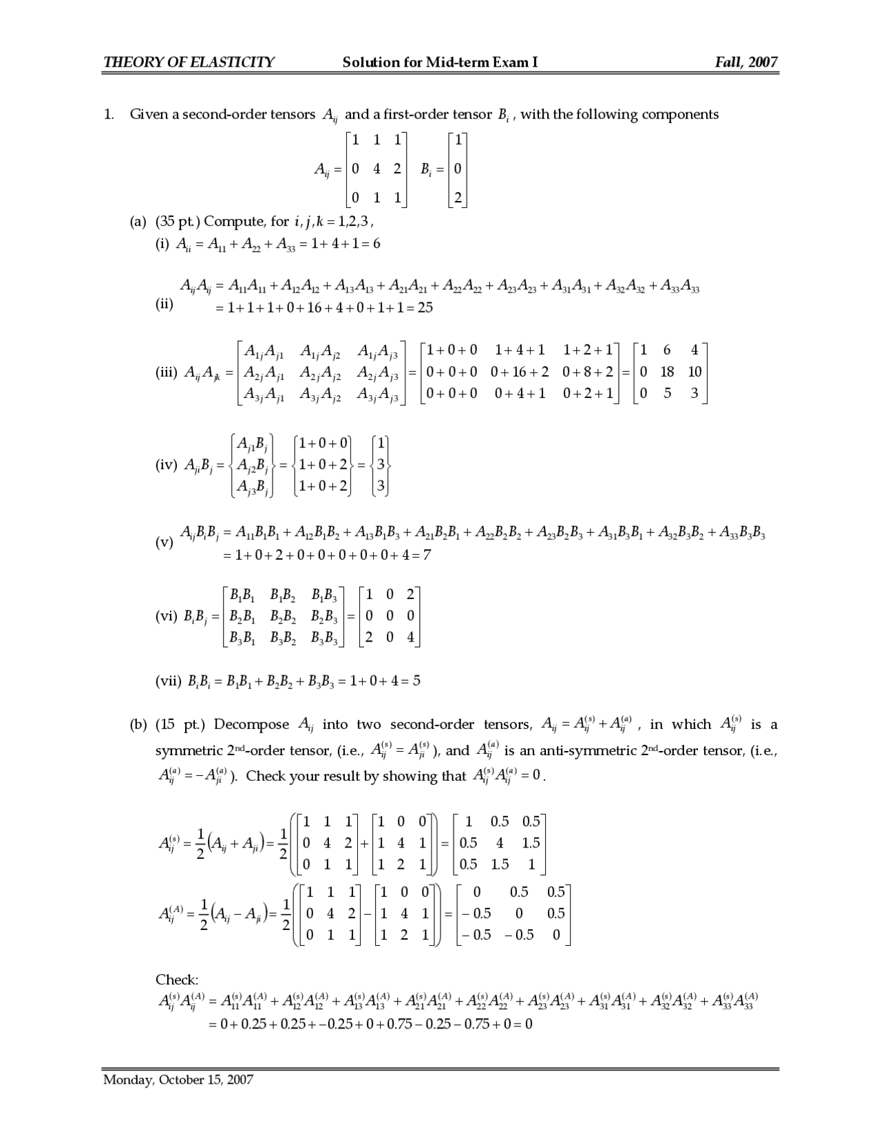 Midterm Exam 1 Solution Theory Of Elasticity I Mem 660 Docsity