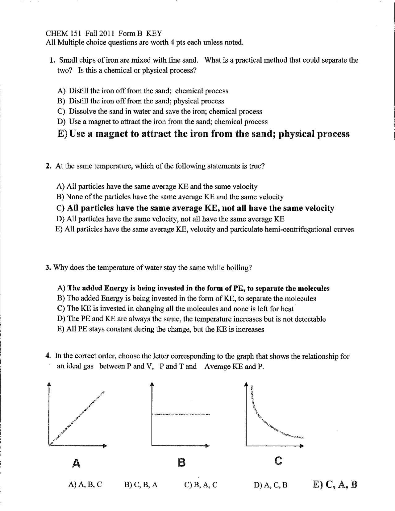 General Chemistry I Fall 2011 Exam Key Form B Chem 151 Docsity