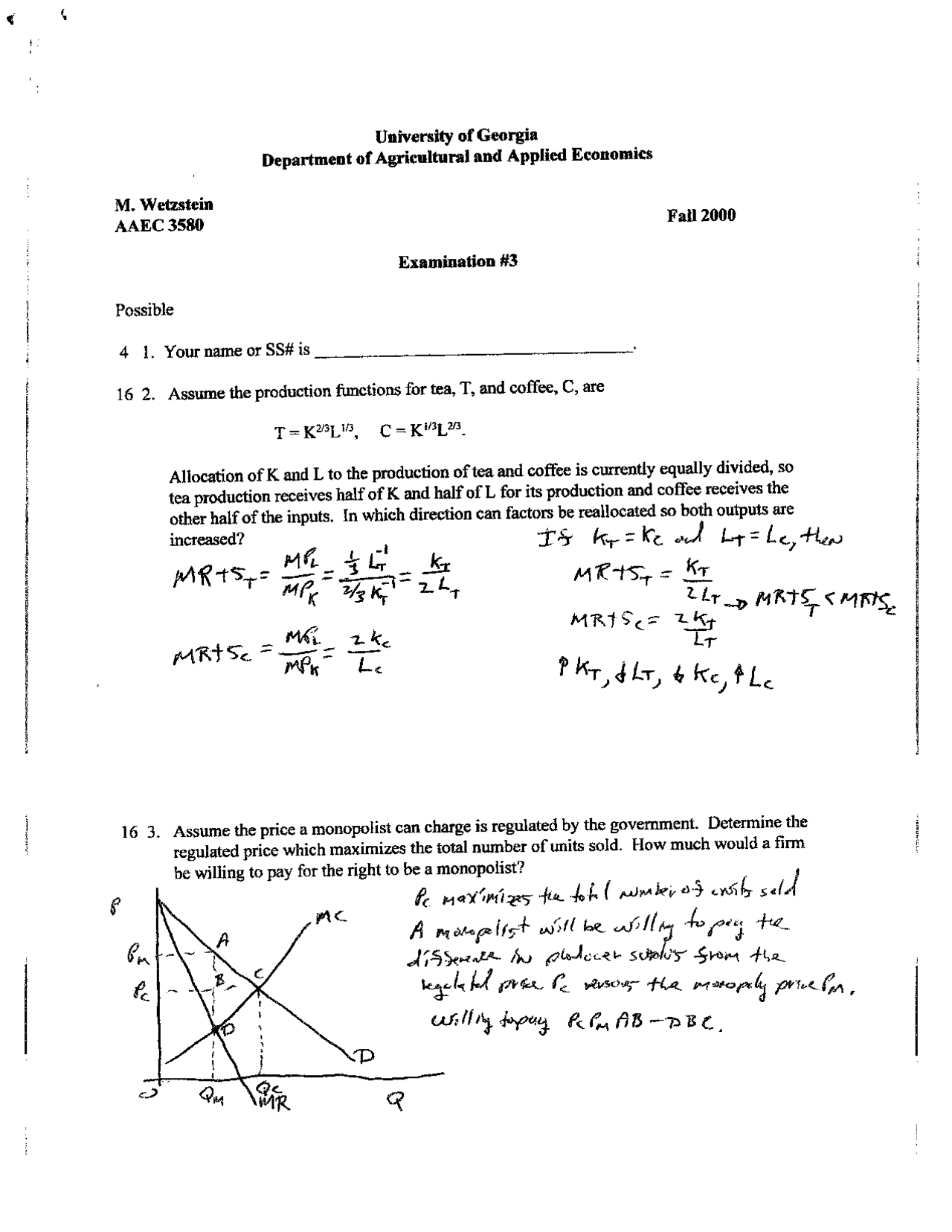 6 Solved Problems on Intermediate Economics - Examination 3 | AAEC 3580 - Docsity