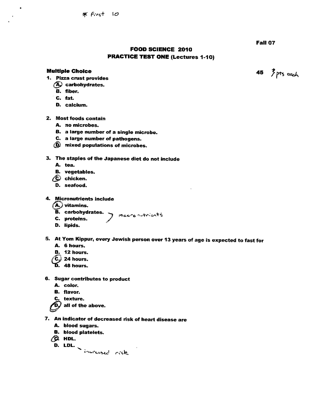 Exam 1 Solved Food Science Practice Test Fdst 2010 Docsity