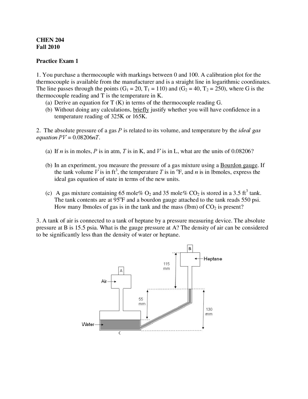 Questions For Practice Exam 1 Elementary Chemical Engineering Chen