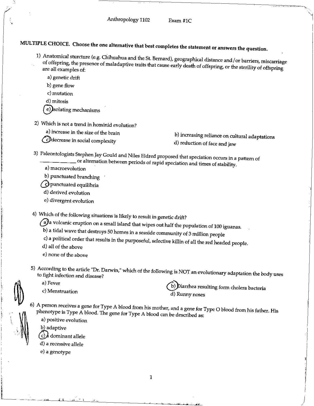 Exam 1c With Answer Key Introduction To Anthropology Anth 1102