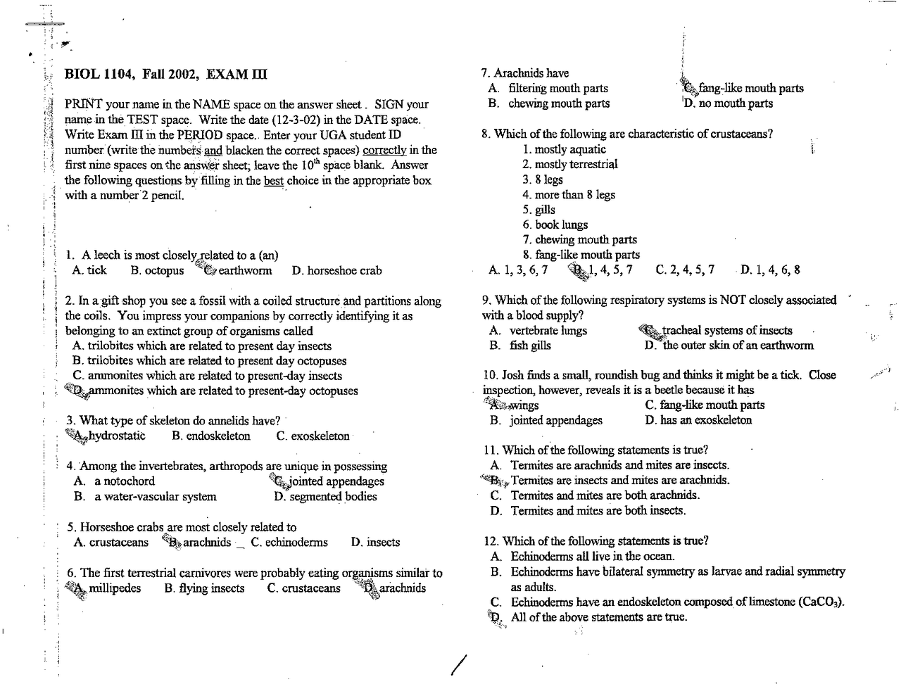 Solved Exam 2 Organismal Biology Fall 2002 Biol 1104 Docsity