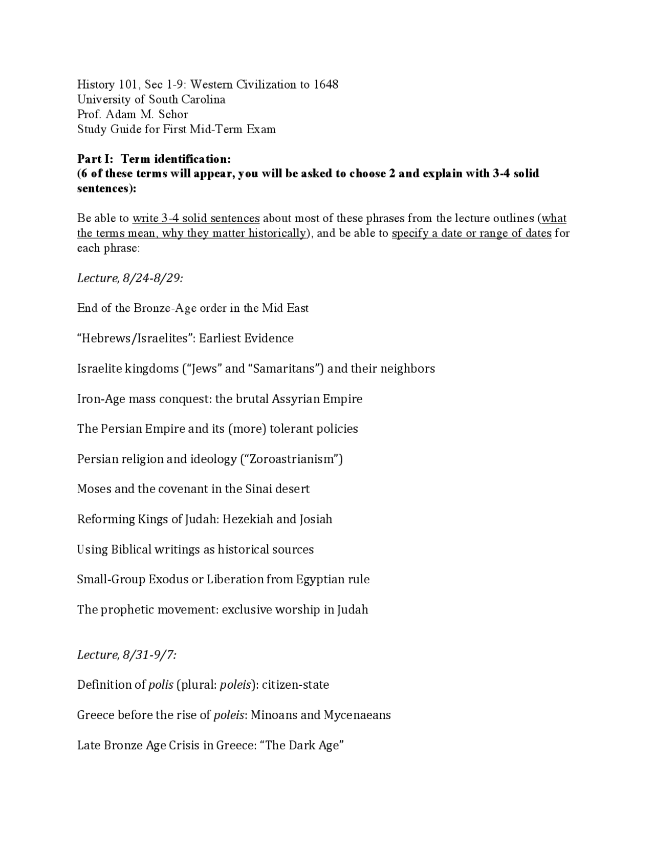 Study Guide for Midterm Exam 1 - History of Western civilization | HIST ...