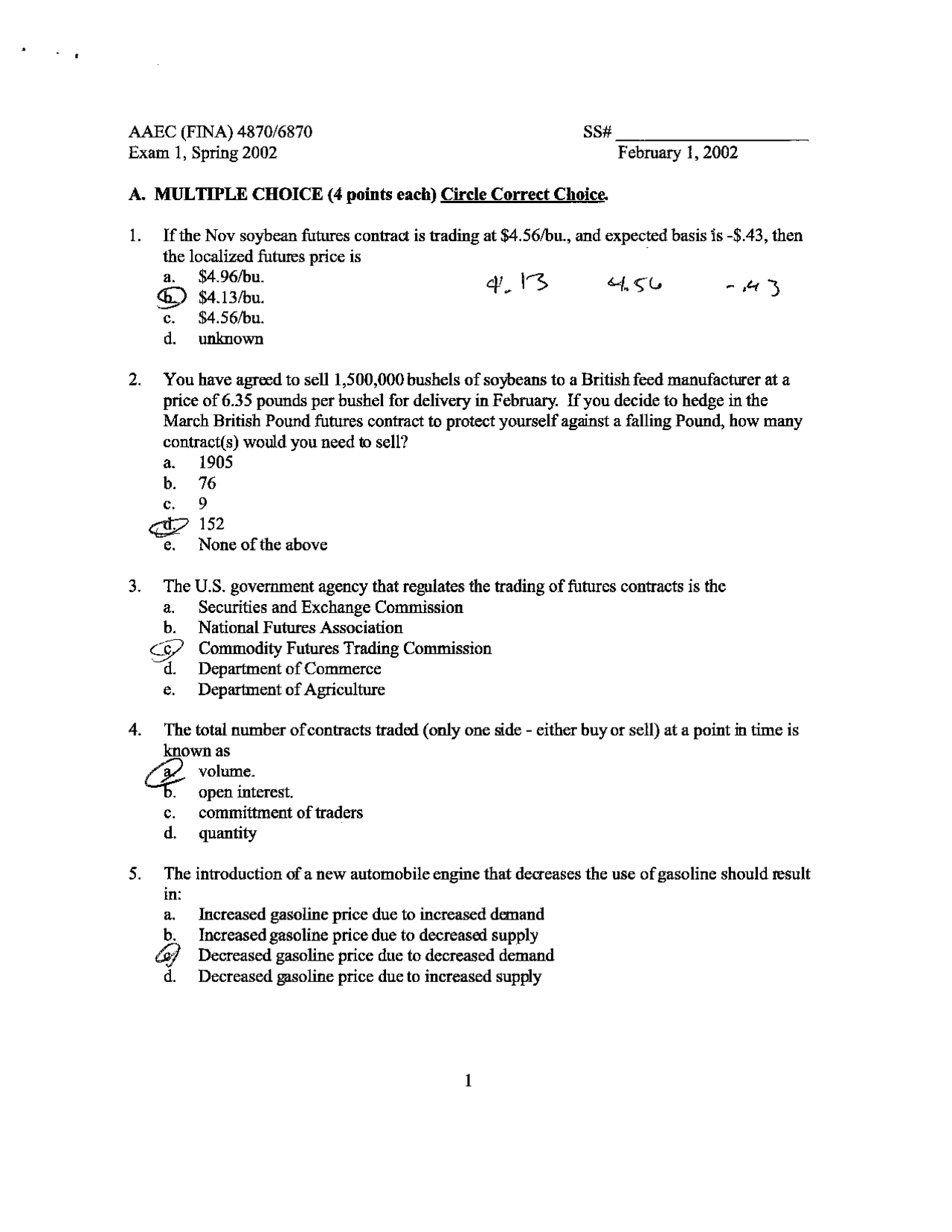Exam 1 Questions With Answer Key Futures And Optics Market Aaec