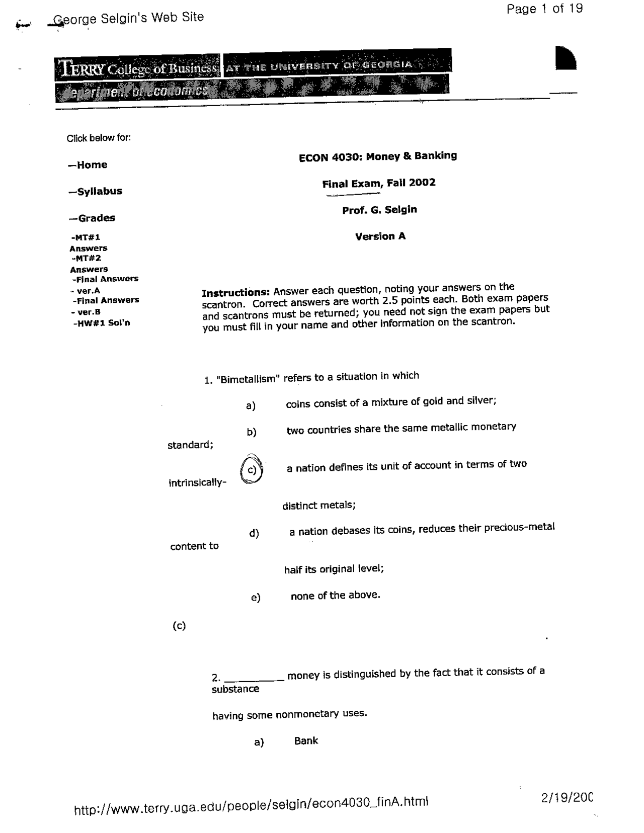 Solved Final Exam Money And Banking Fall 2002 Econ 4030 Docsity