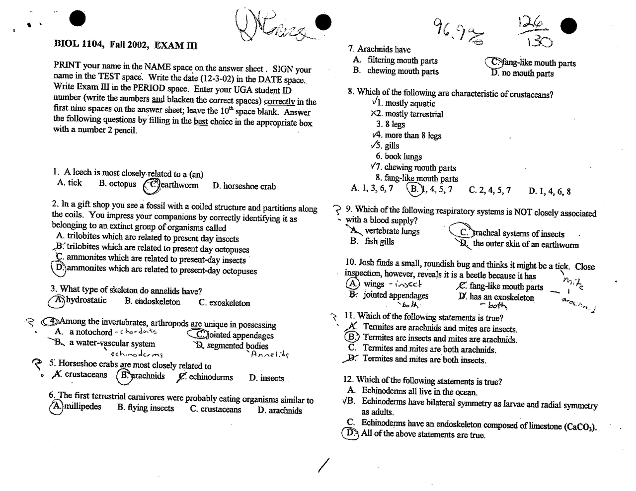 Exam Iii Answer Key Organismal Biology Biol 1104 Docsity