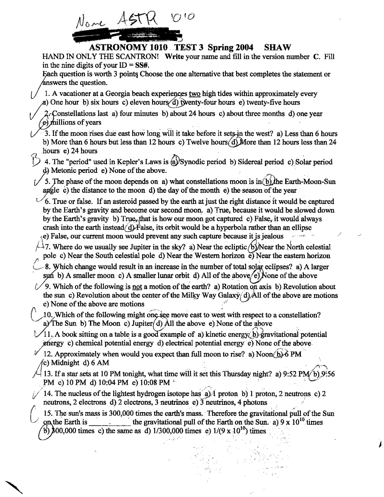 Exam 3 For Astronomy Of The Solar System Spring 2004 Astr 1010
