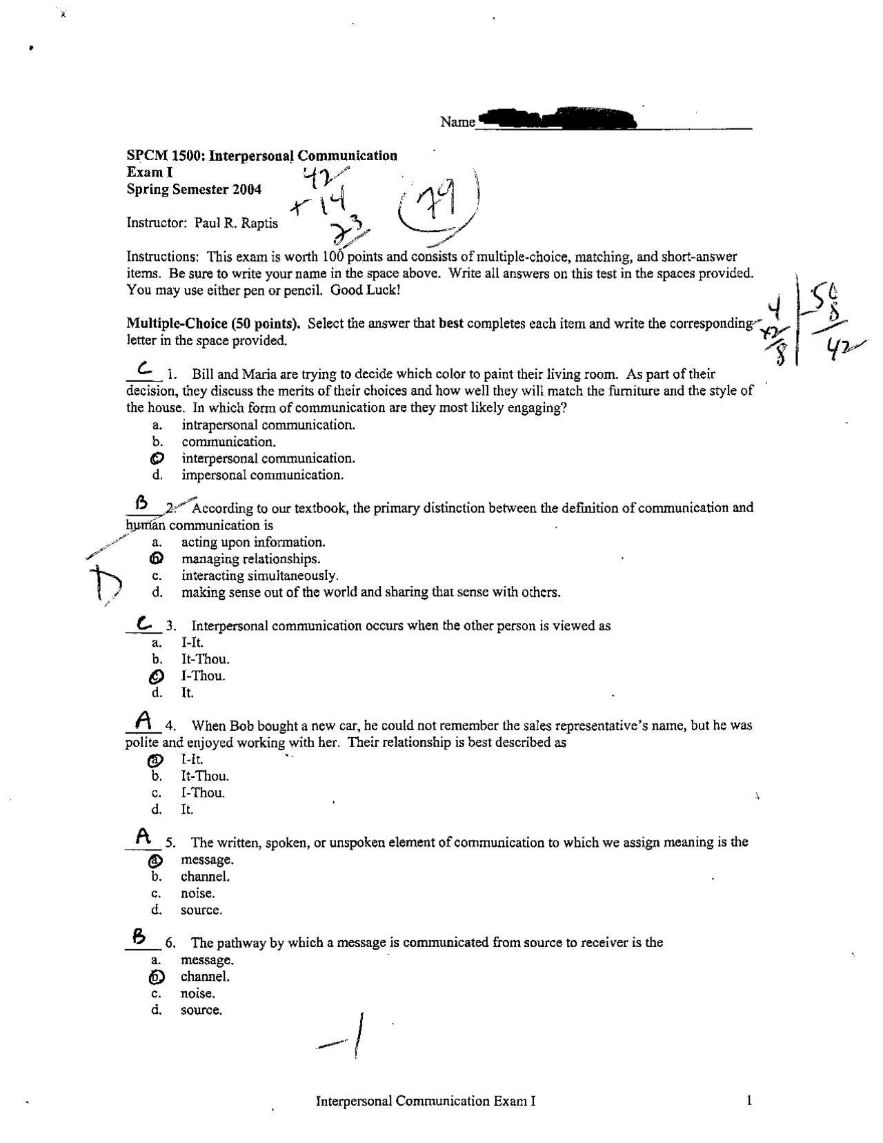 Final Exam With Answers For Interpersonal Communication Spcm 1500