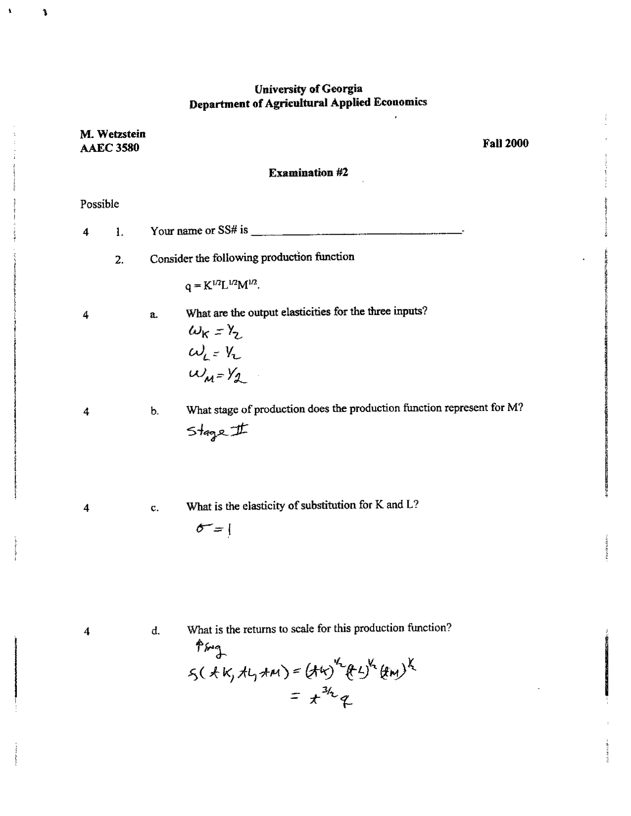 Exam 2 With Solution Intermediate Economic Principles Aaec 3580