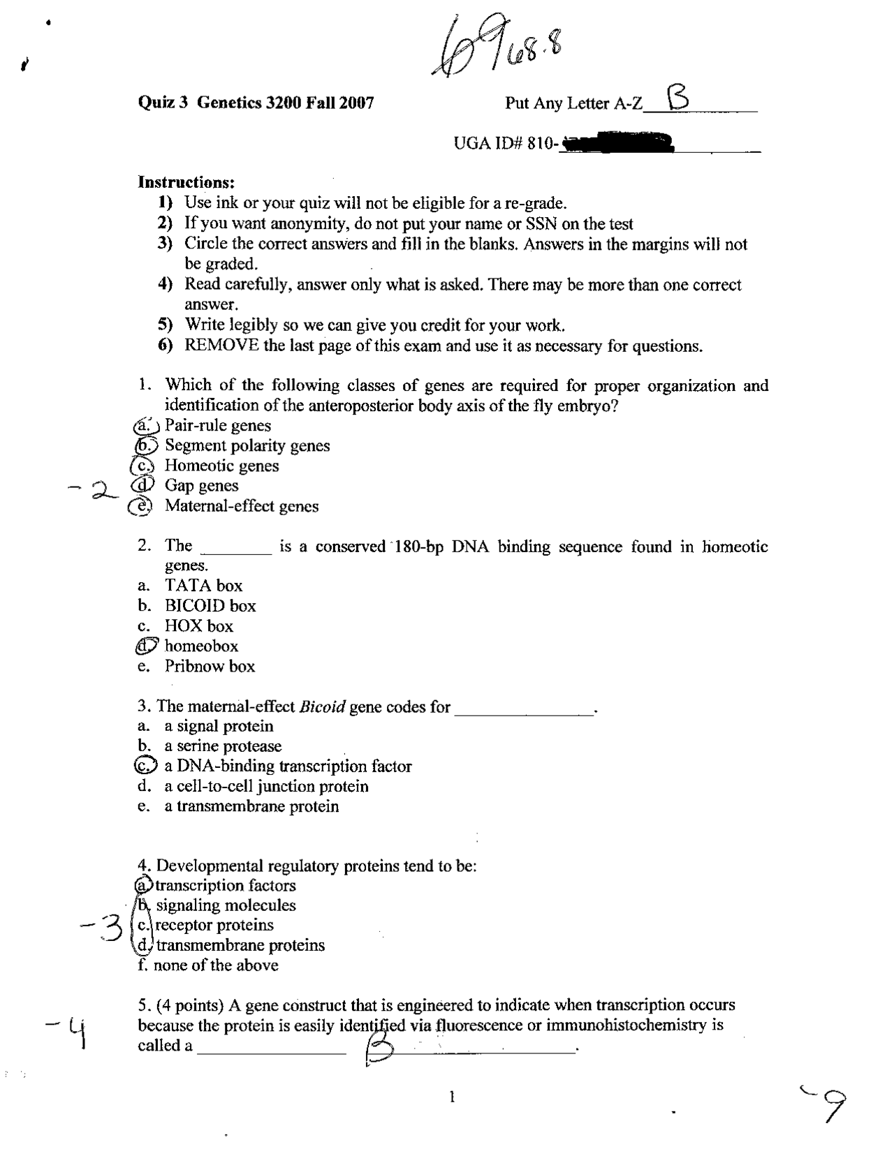 Quiz 3 With Answer Key Genetics Fall 2007 Gene 3200 Docsity