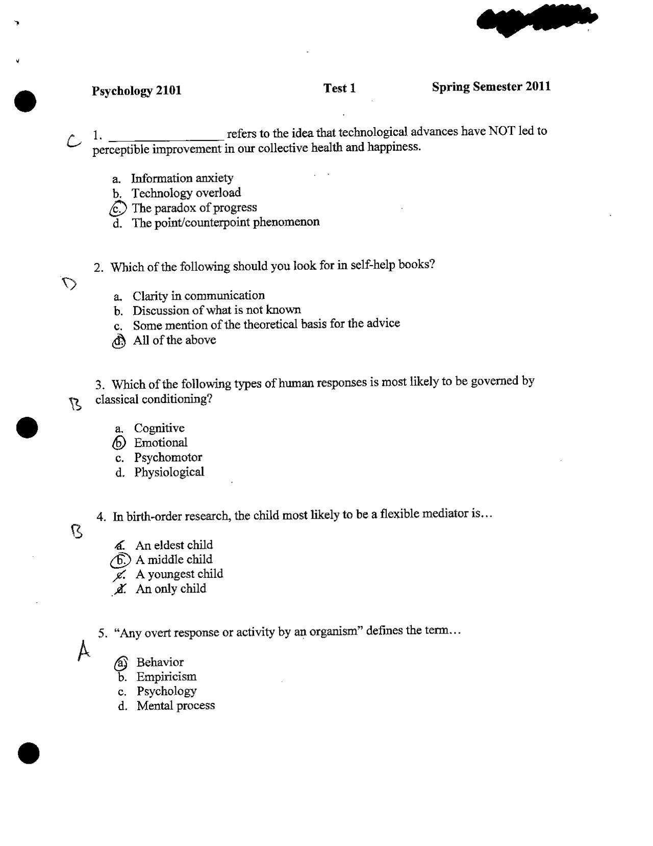 The Psychology of Adjustment - Test 1 with Solutions - Spring 2011 ...