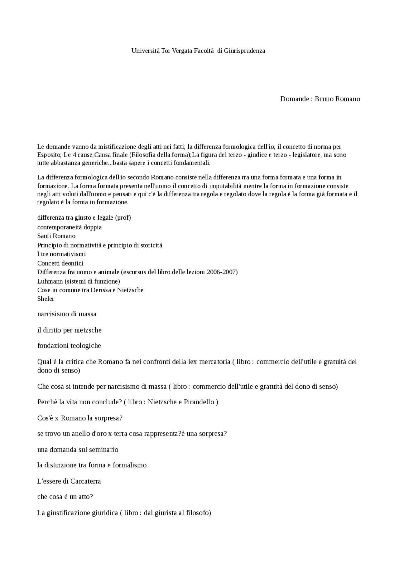 Domande Di Filosofia Del Diritto Prof Bruno Romano Docsity