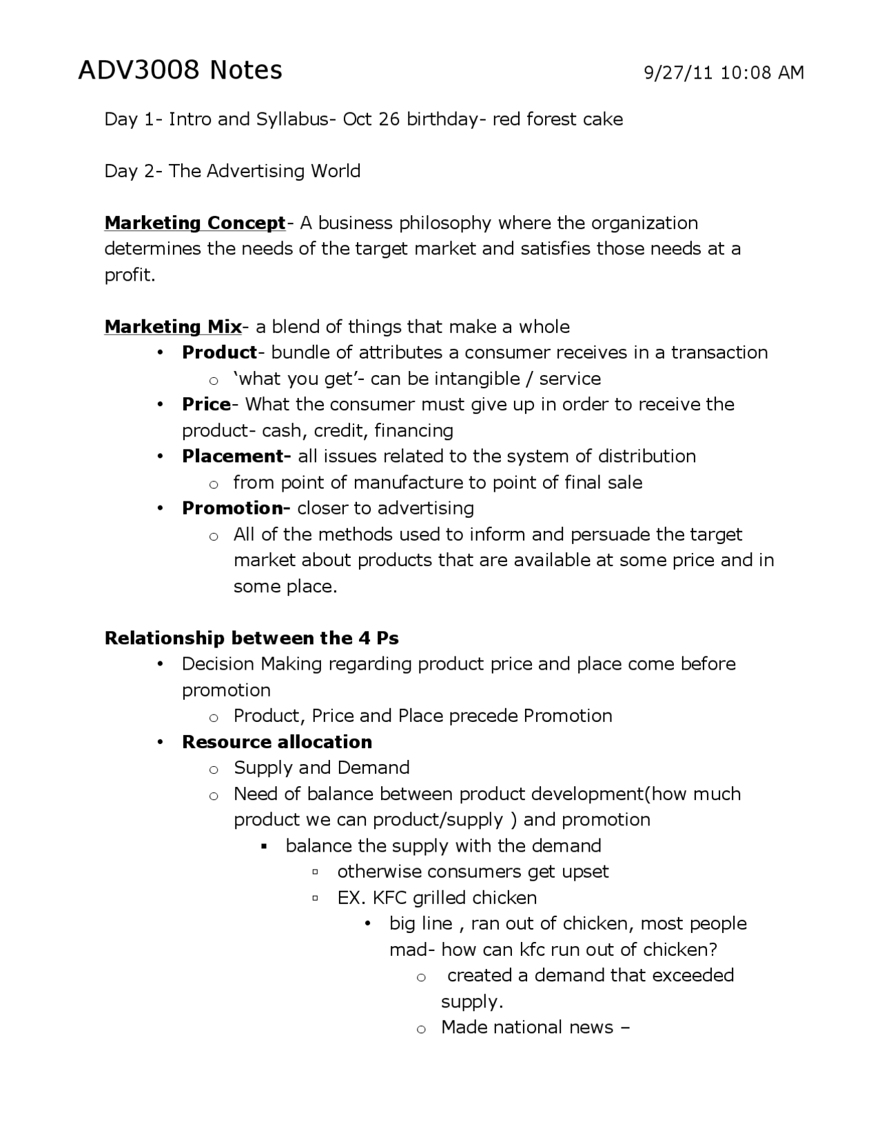 Class Notes for Test 1 - Principles of Advertising | ADV 3008 - Docsity