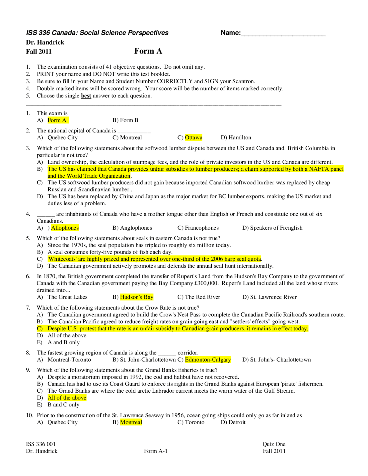 Quiz 1 Form A With Answers Perspectives On Social Sciences In Canada