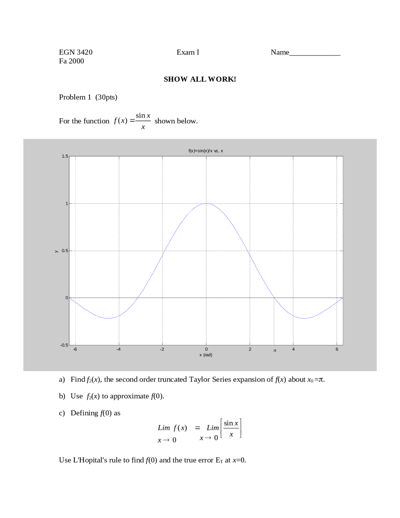 Practice Exam I Engineering Analysis Fall 2000 Egn 3420 Docsity