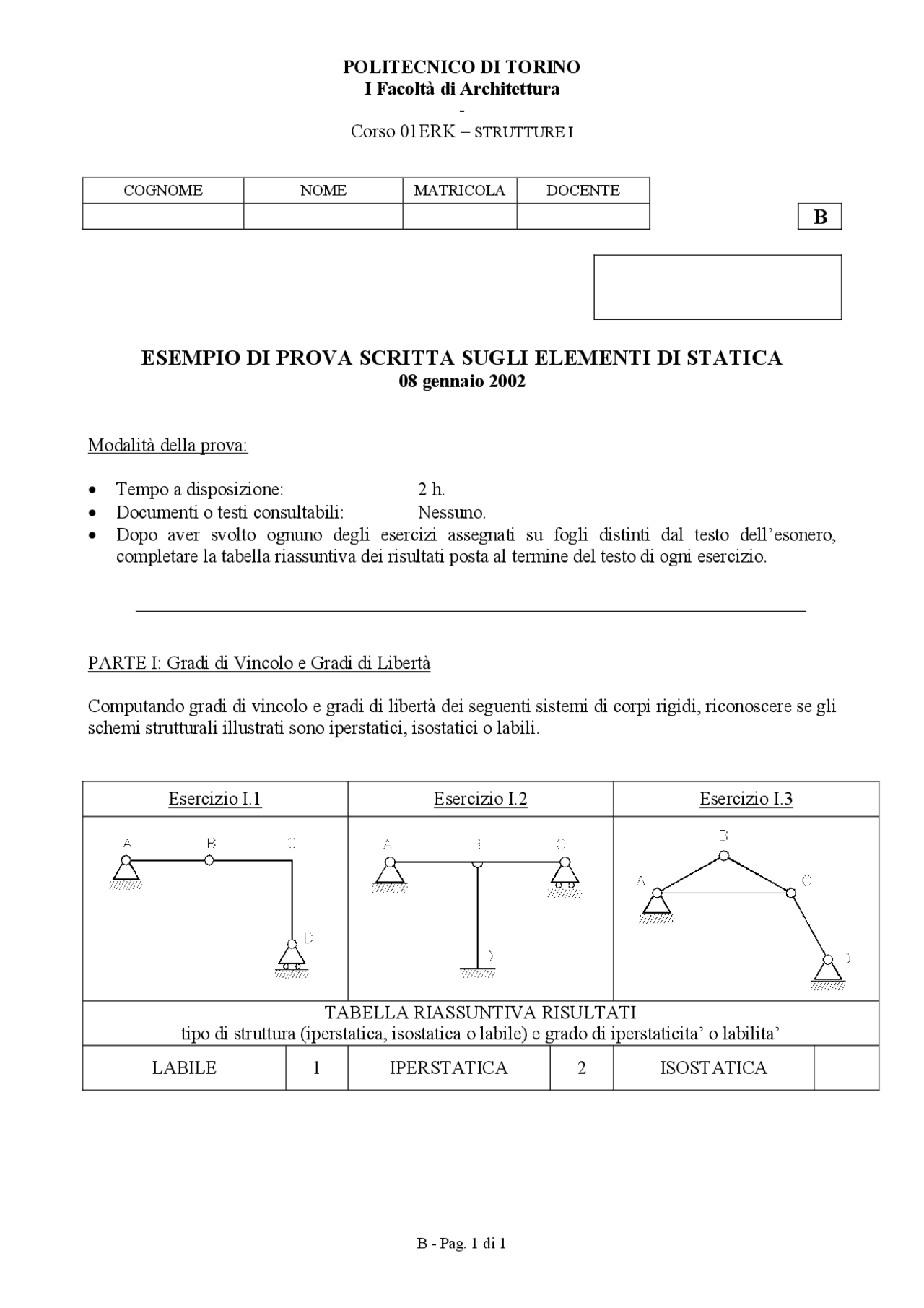 Tema Desame Strutture I Elementi Di Statica 8012002 B Docsity