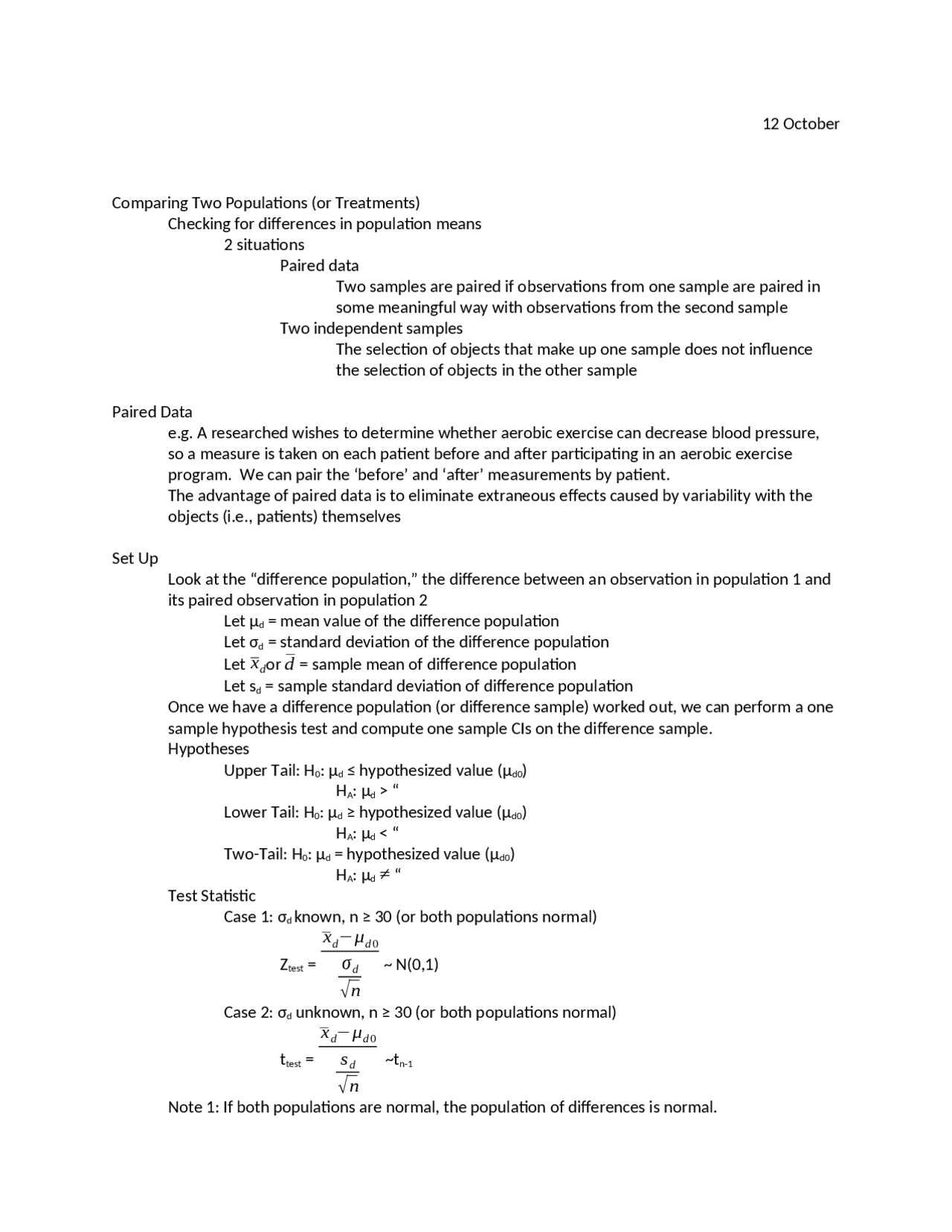 Introduction To Statistical Methods Notes On Comparing Populations Stat 301 Docsity